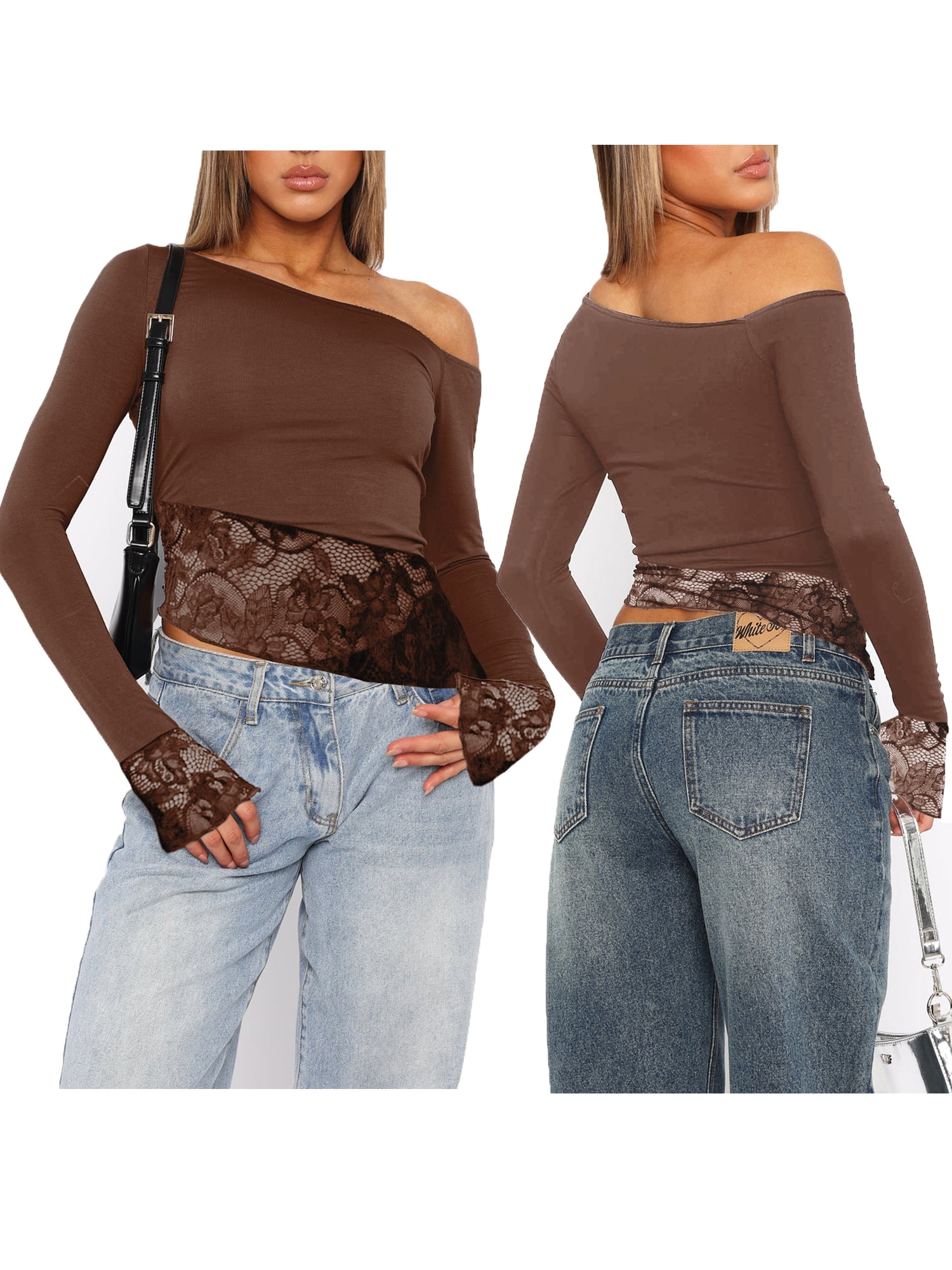 Amshibel Women Going Out Tops Long Sleeve Sexy Lace Mesh Sheer Y2k Crop ...