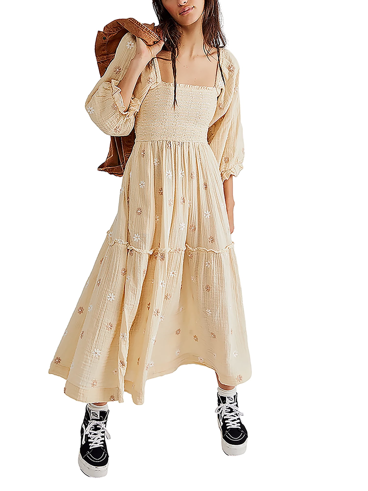 Amshibel Women's Flower Embroidered Maxi Dress Lantern Sleeve Square ...