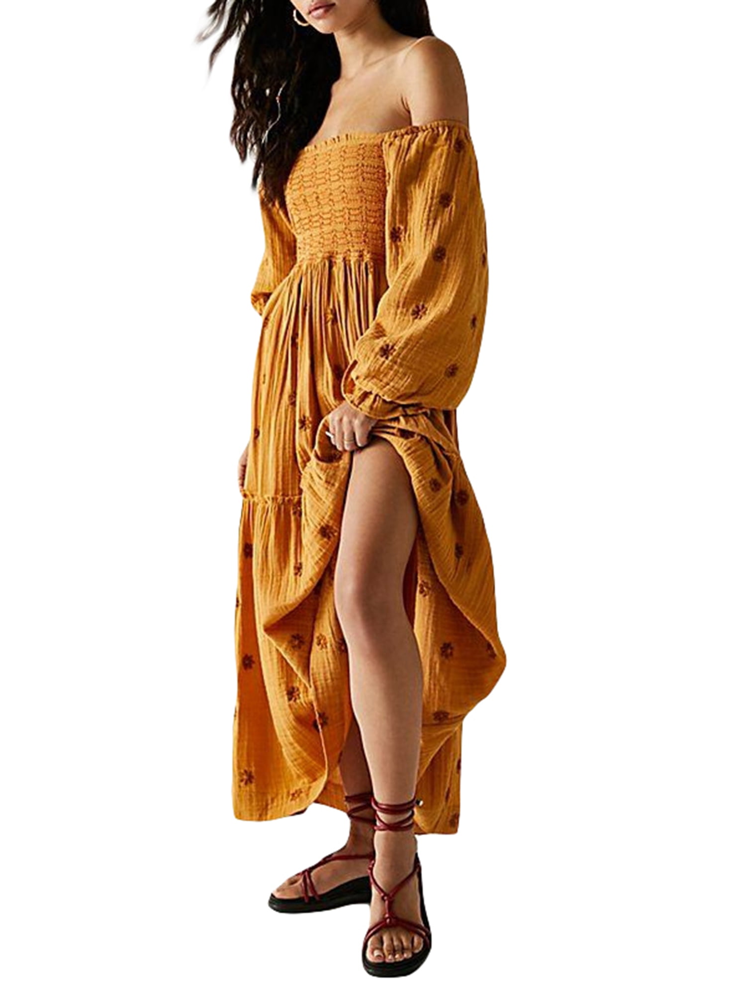 Amshibel Women's Flower Embroidered Maxi Dress Lantern Sleeve Square ...