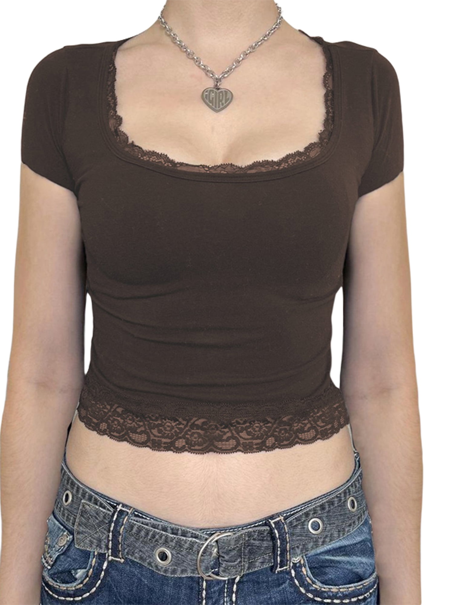 Amshibel Women's Short Sleeve Square Neck Top Lace Trim Ribbed Knit ...