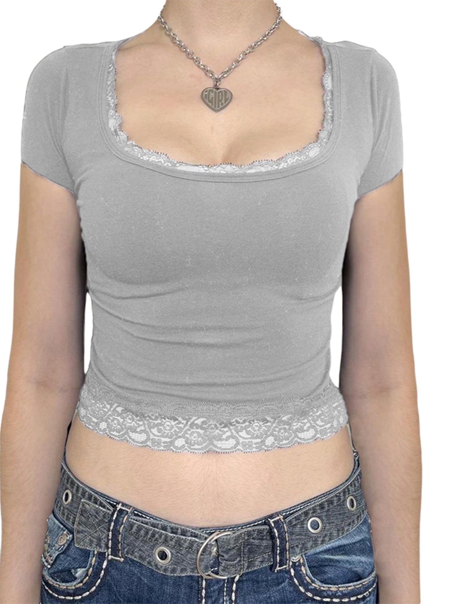Amshibel Women's Short Sleeve Square Neck Top Lace Trim Ribbed Knit ...