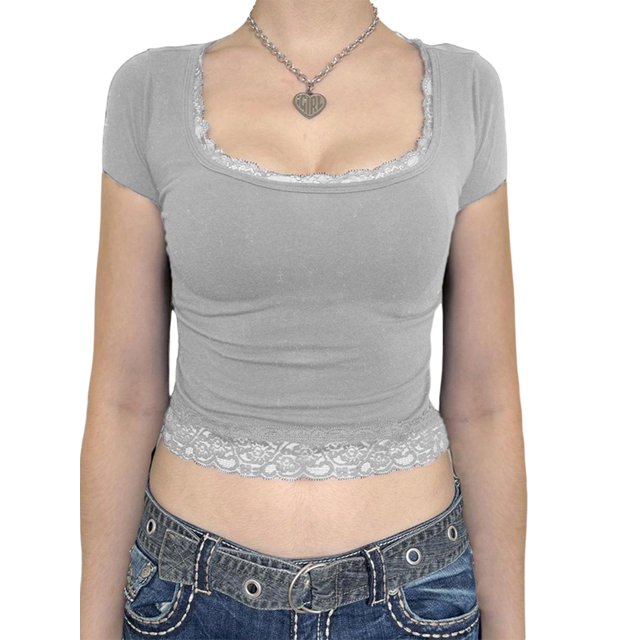 Amshibel Women's Short Sleeve Square Neck Top Lace Trim Ribbed Knit ...