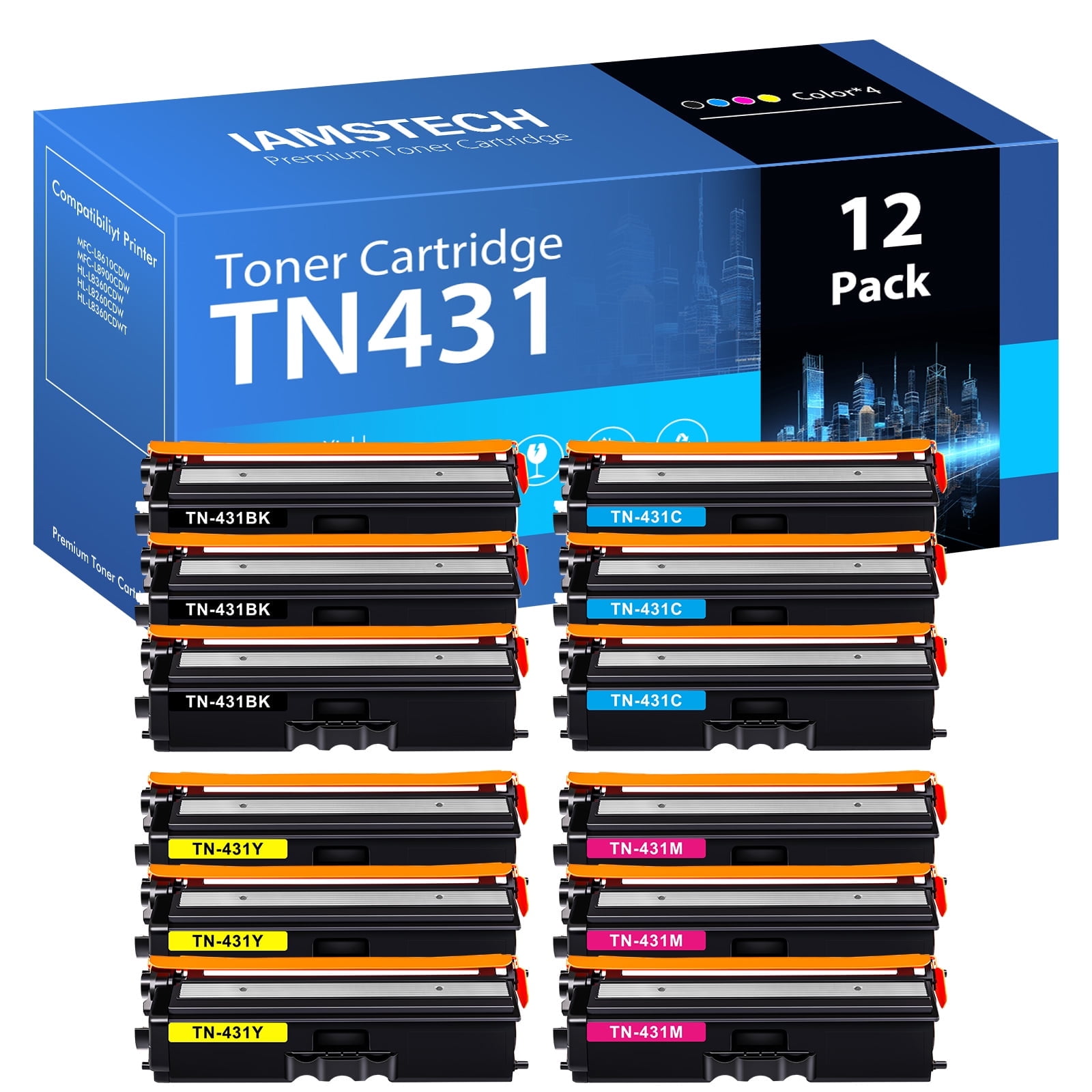 Amstech 12-Pack Compatible Toner for Brother TN431 TN-431 TN433 TN431BK ...