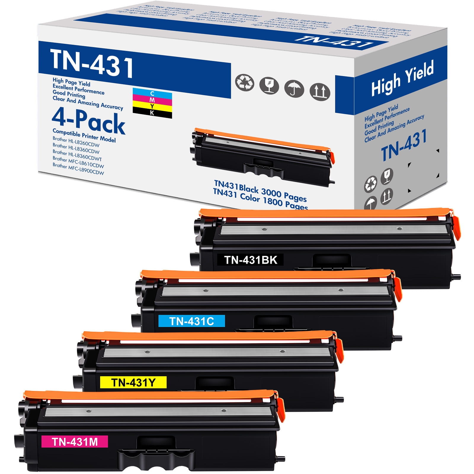 Amstech 4-Pack Compatible Toner for Brother TN431 TN-431 TN433 TN431BK ...