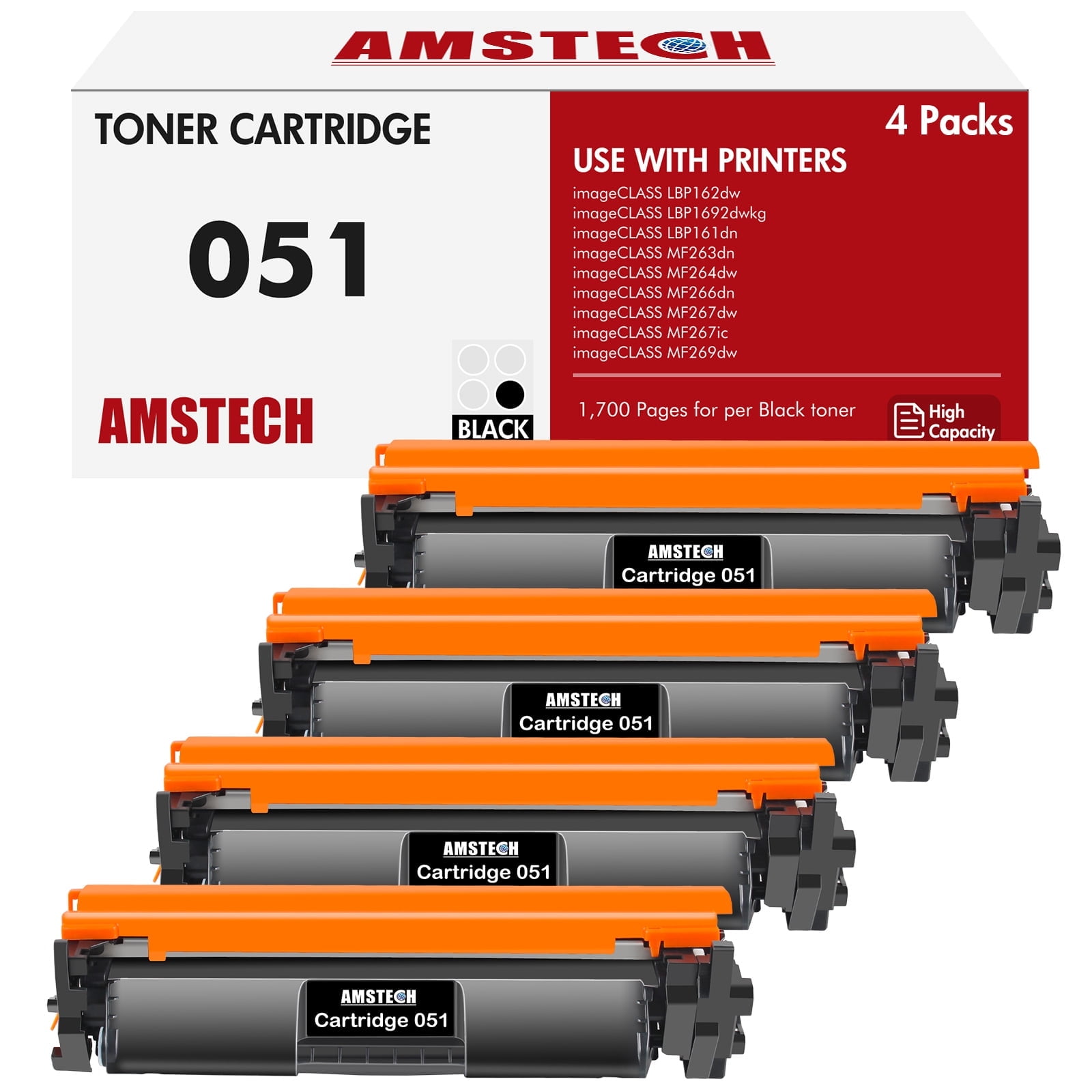 Amstech 4-Pack Compatible Toner Cartridge for Canon 051, for Canon imageCLASS LBP162dw, MF263dn ...