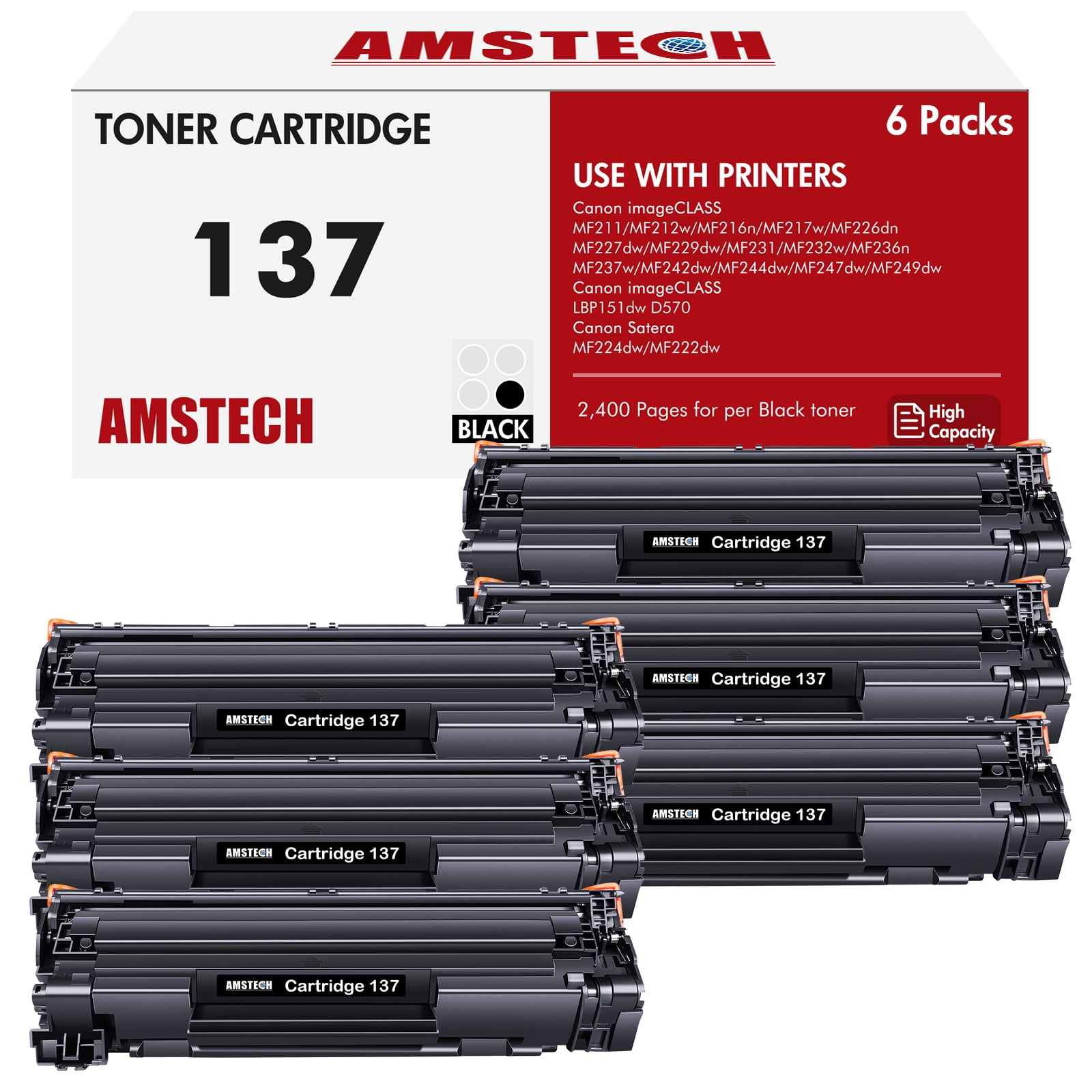 Amstech 6-Pack Compatible Toner for Canon 137 for Canon imageCLASS MF212w MF216n MF237w MF242dw ...