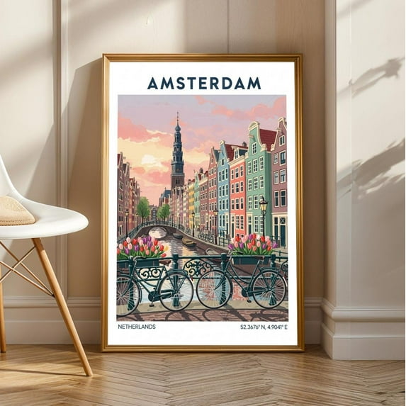 Amsterdam Canal Vintage Gouache : Colorful Dutch Cityscape Art ...