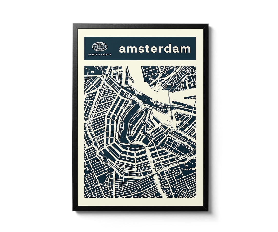 Amsterdam City Map Modern Travel Retro Tourism Vintage Poster Unframed ...