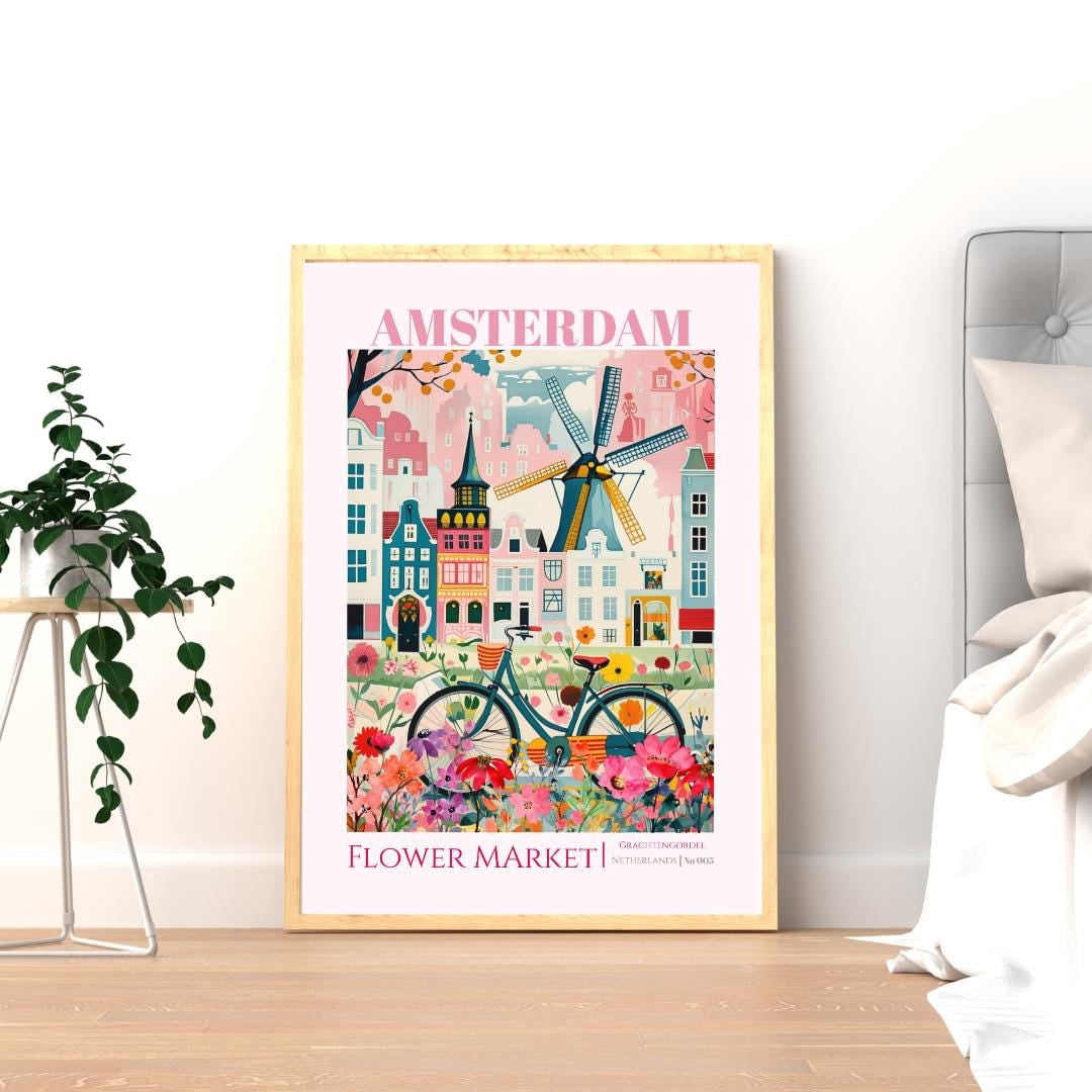 Amsterdam Flower Market Colorful Dutch Travel Poster, Poster Home Decor ...
