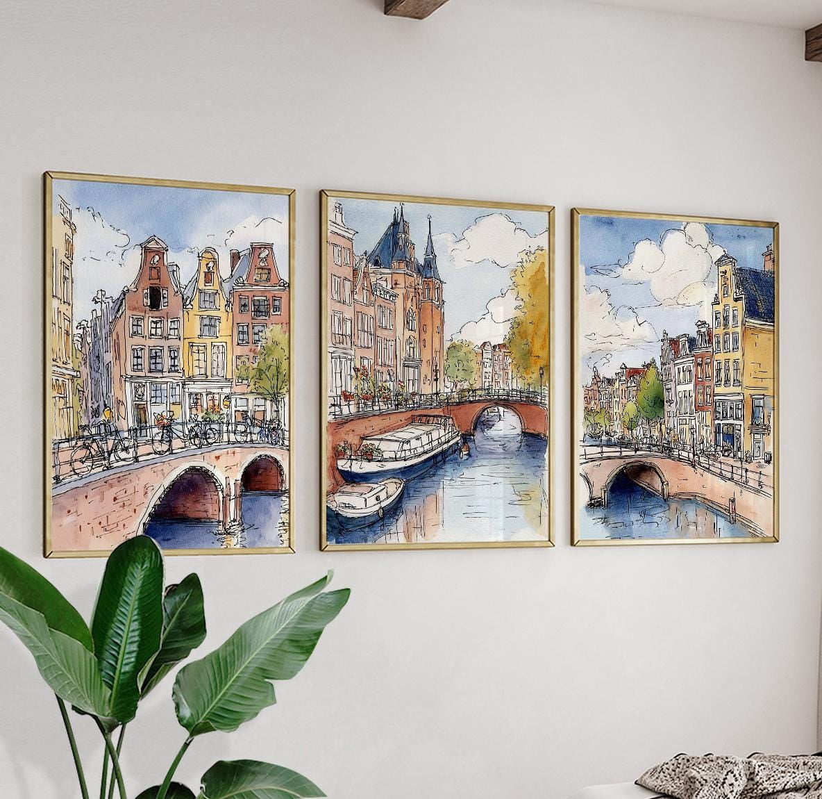 Amsterdam Netherlands Poster Vintage Watercolor Wall Art Canal ...
