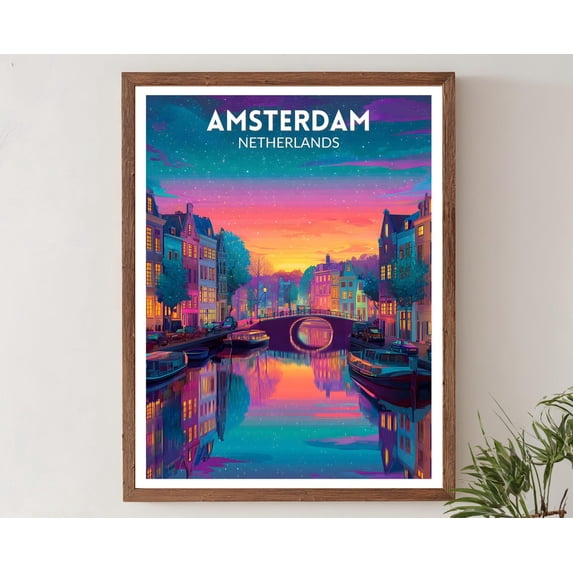 Amsterdam Netherlands Vibrant Travel Retro Futuristic Wall Art Colorful ...