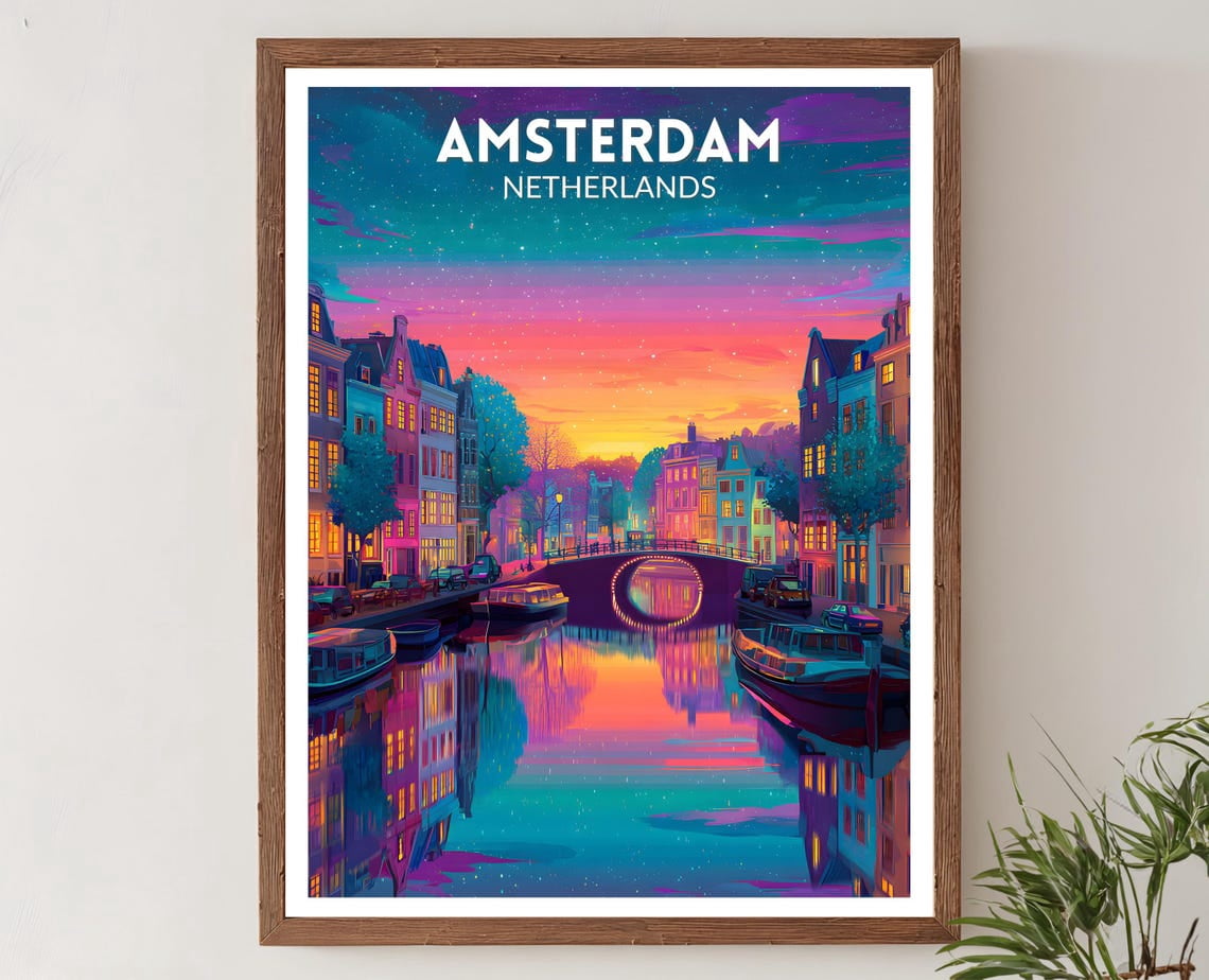 Amsterdam Netherlands Vibrant Travel Retro Futuristic Wall Art Colorful ...