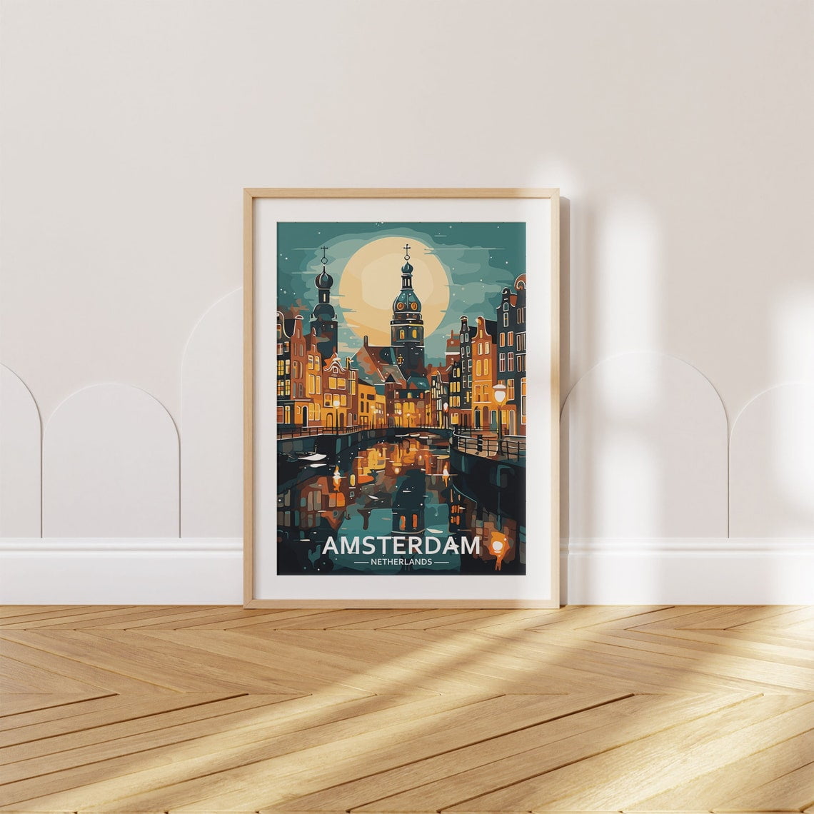 Amsterdam Nightscape Poster Netherlands Scenic Art Print, Unframed ...