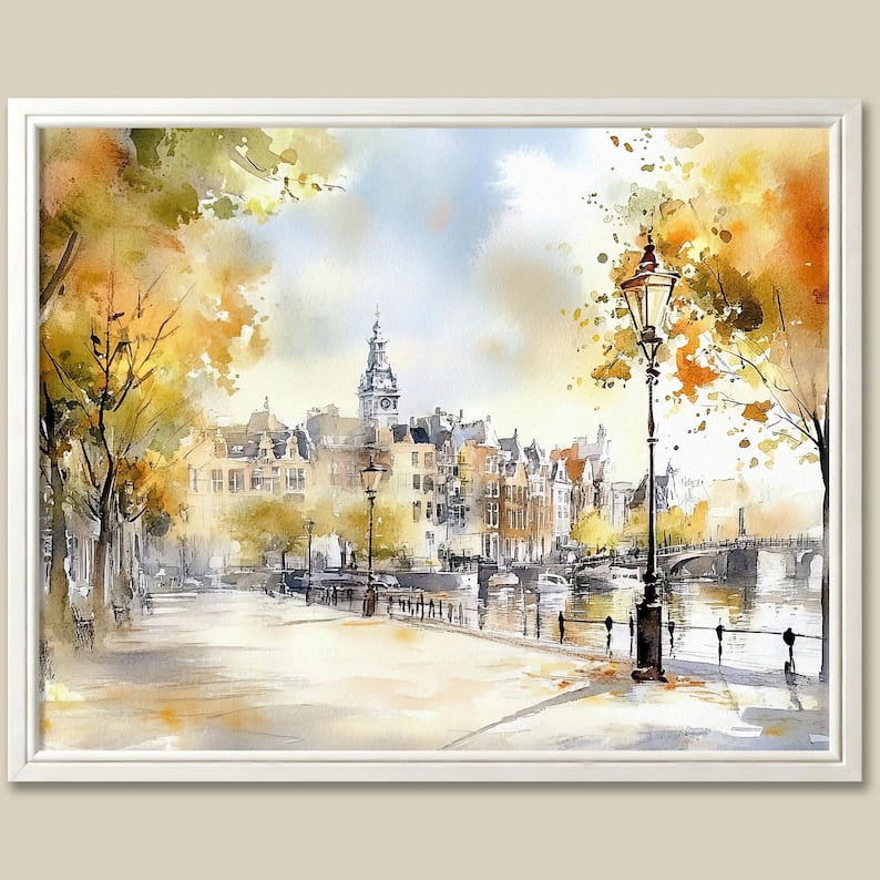 Amsterdam Painting Street Scene Netherlands Watercolor Art Print Autumn ...