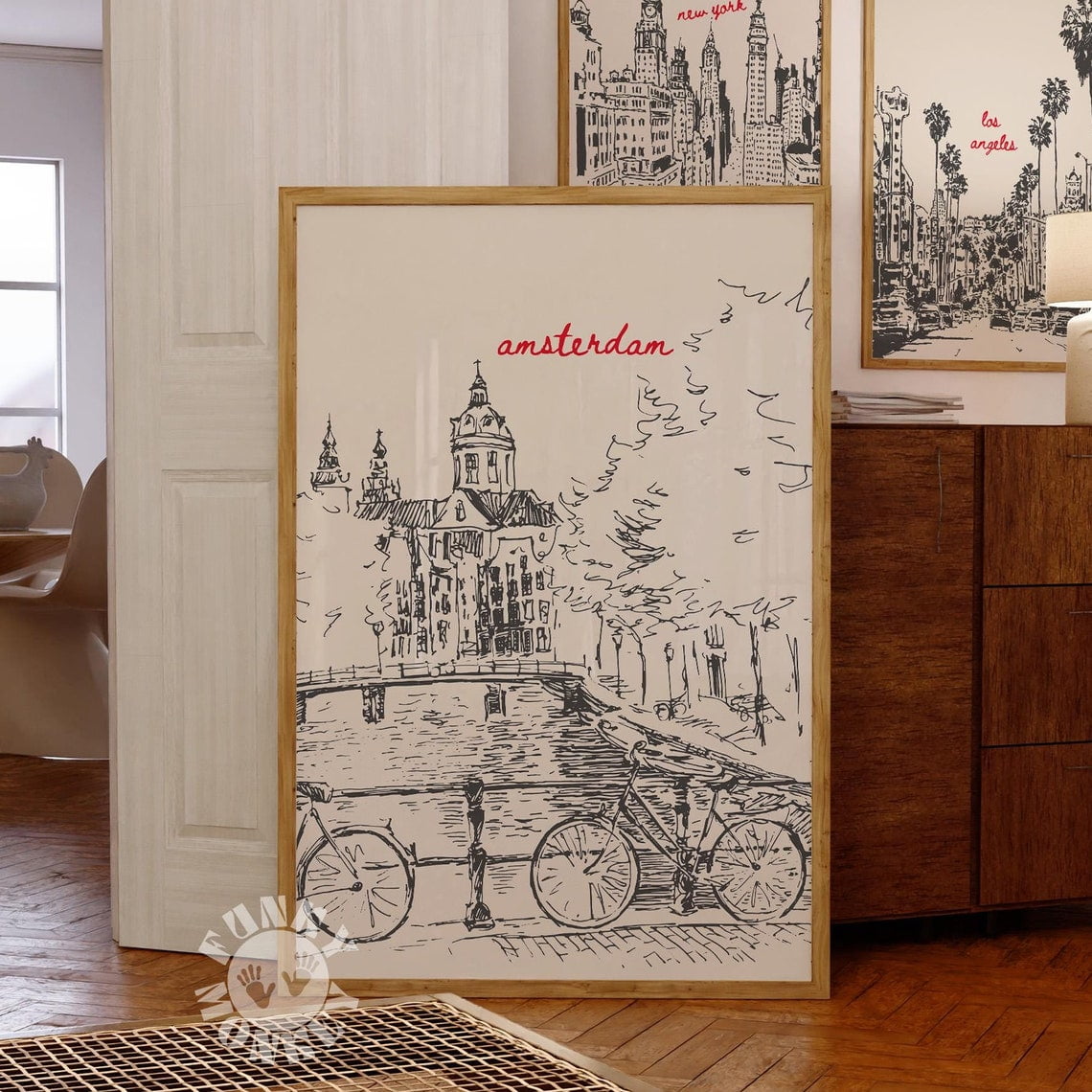 Amsterdam Print, Retro Travel Poster, Trendy Landmark Wall Art, Digital ...