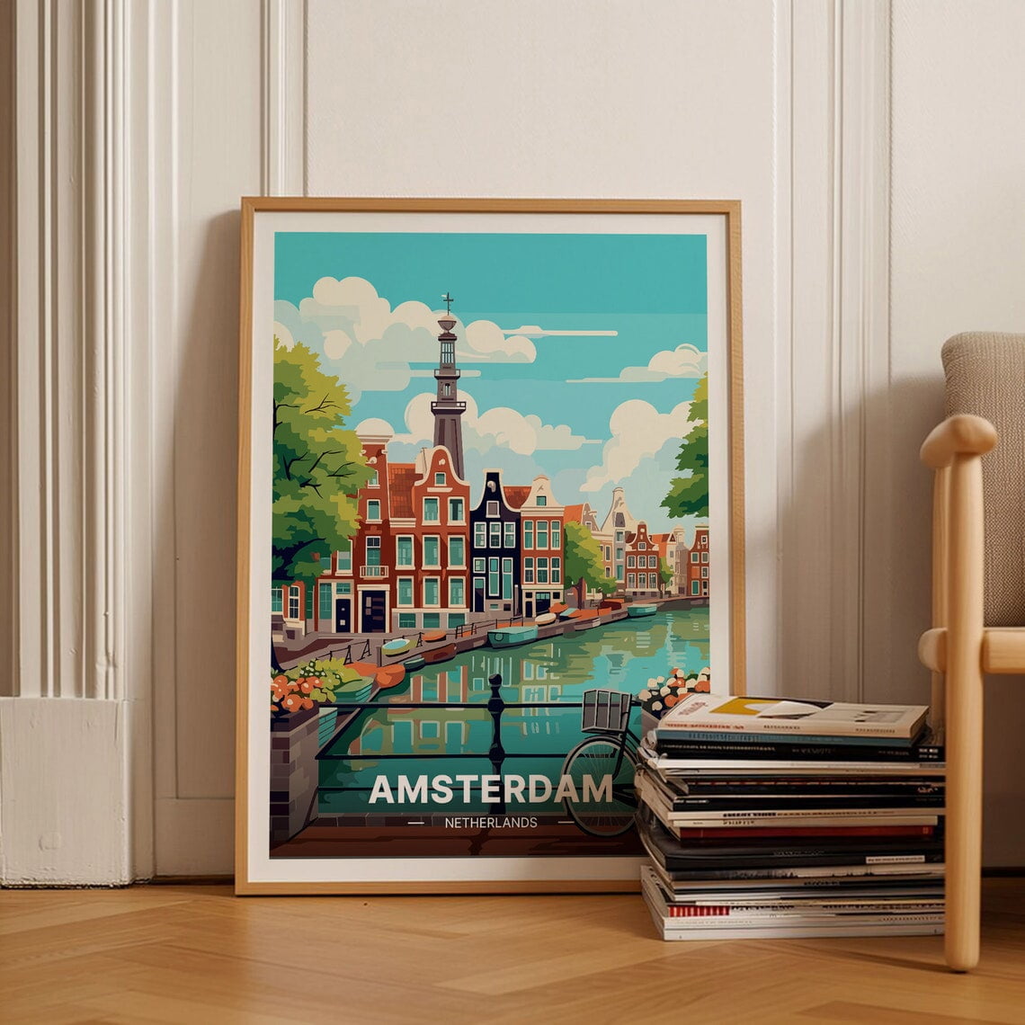 Amsterdam Travel Poster, Netherlands Cityscape Art, Home Office Wall ...