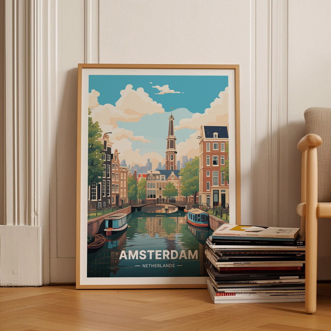 Amsterdam Travel Poster, Netherlands Cityscape Art, Vintage Style Wall ...