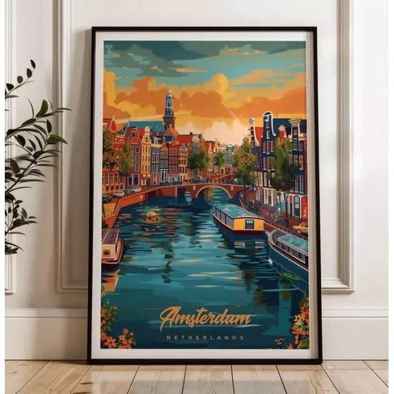 Amsterdam Travel Poster - Netherlands Wall Art Print Illustration ...
