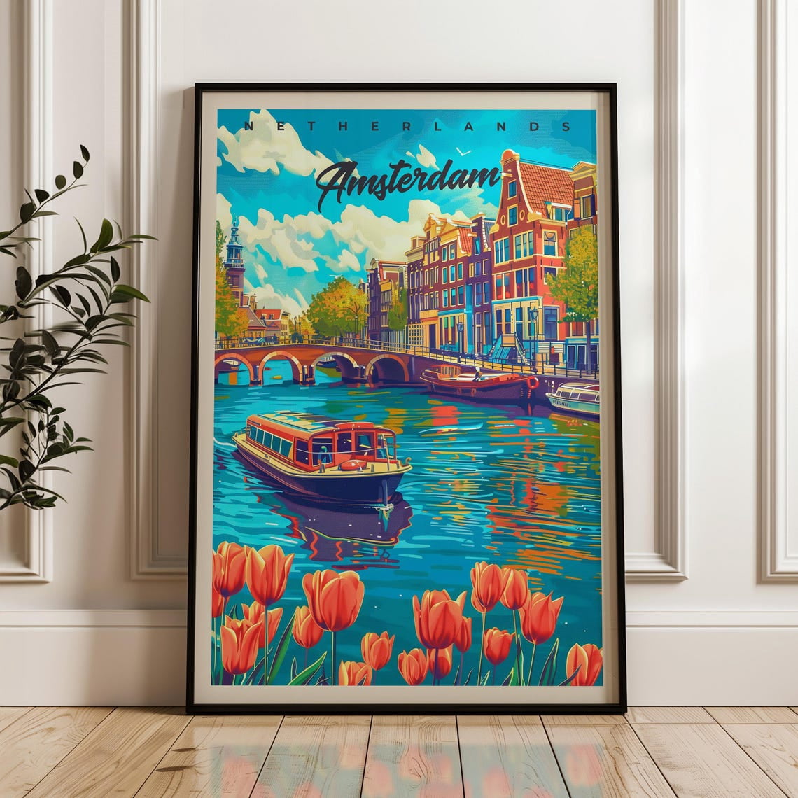 Amsterdam Travel Print, Netherlands Illustration Art Print, Stretched ...