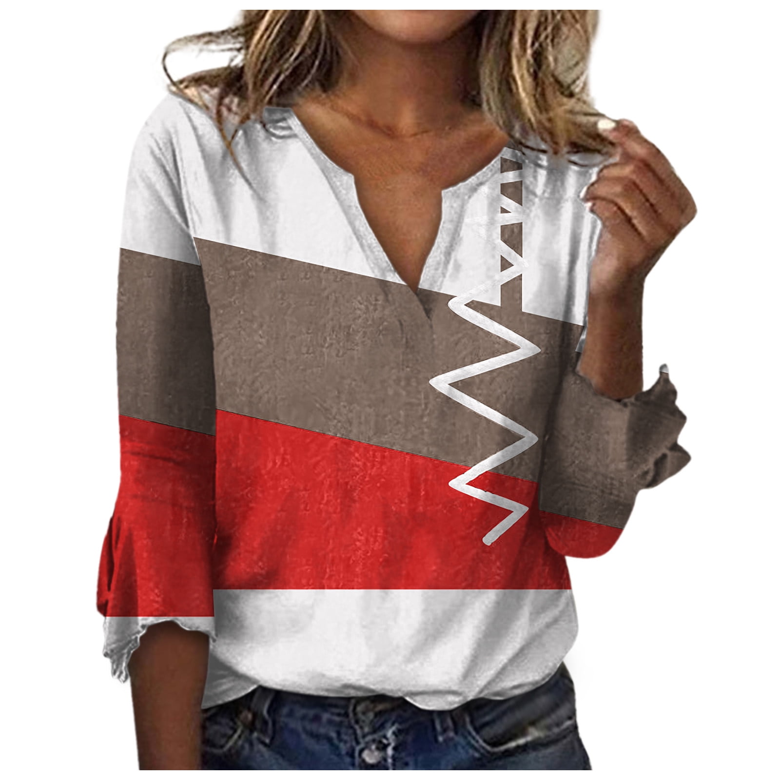 Amtdh Graphic Blouses For Womens Clearance Color Block Loose Fit
