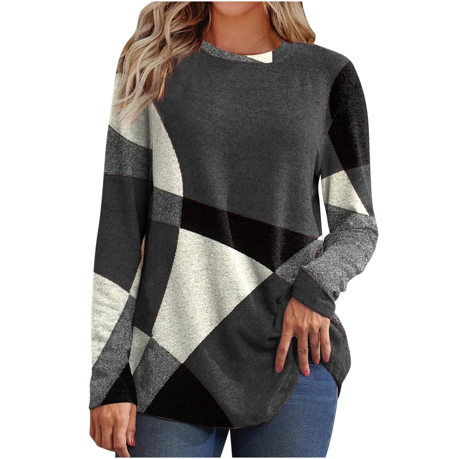 Amtdh Shirts Clearance Womens Shirts Casual Geometric Color Block Tops for Women Crewneck Long ...
