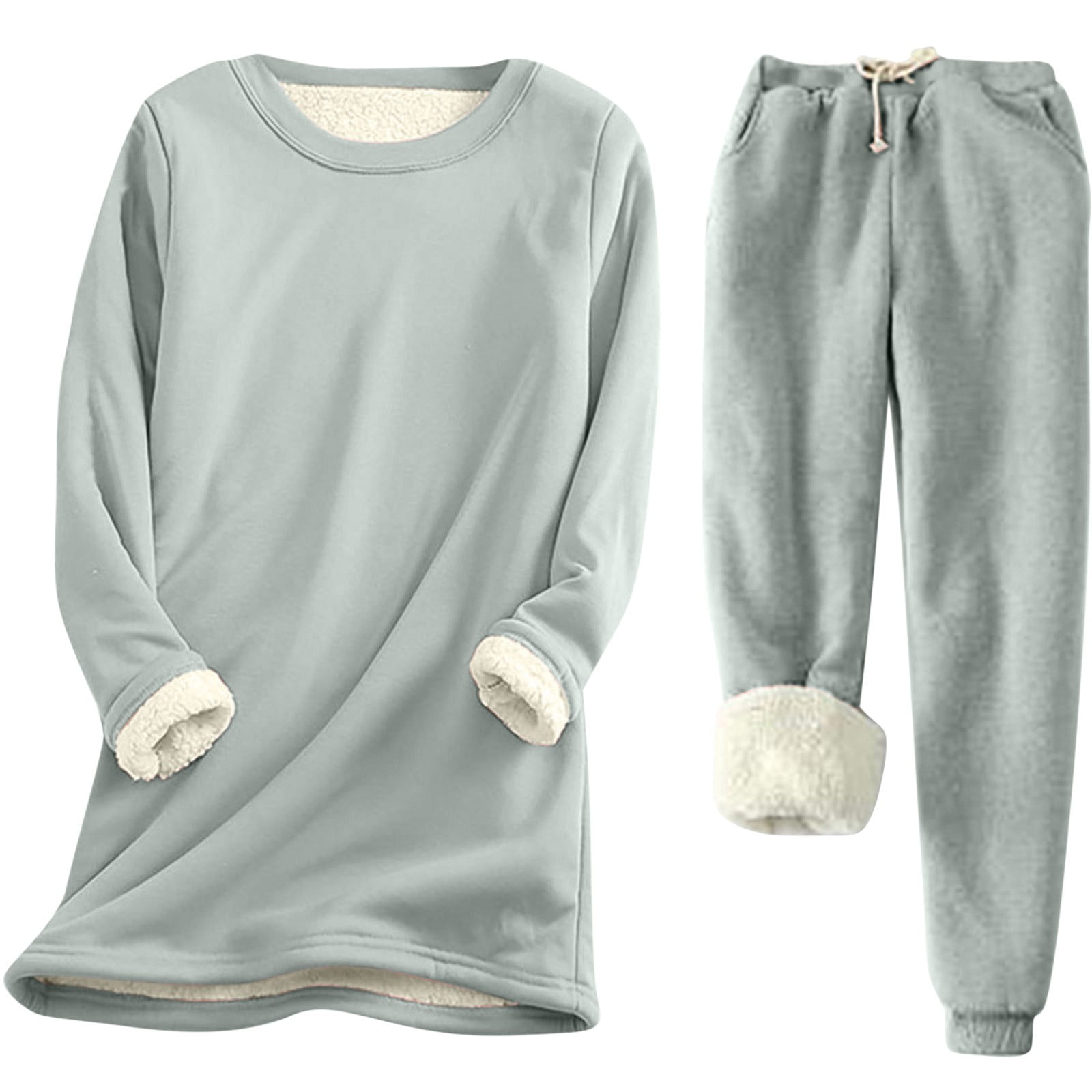 Amtdh Trendy Fleece Sweatsuits for Womens Solid Color Crewneck Fuzzy ...