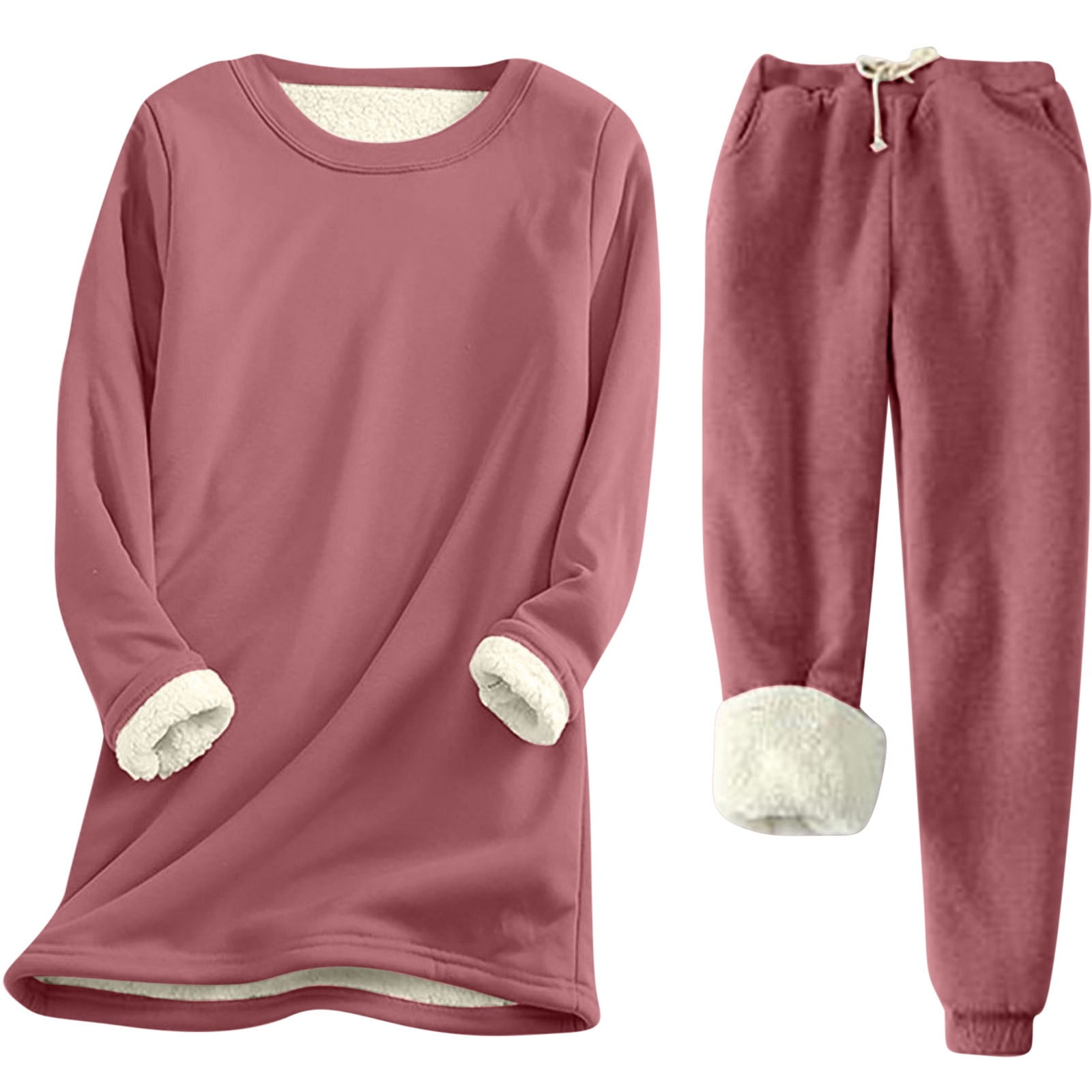 Amtdh Trendy Fleece Sweatsuits for Womens Solid Color Crewneck Fuzzy ...