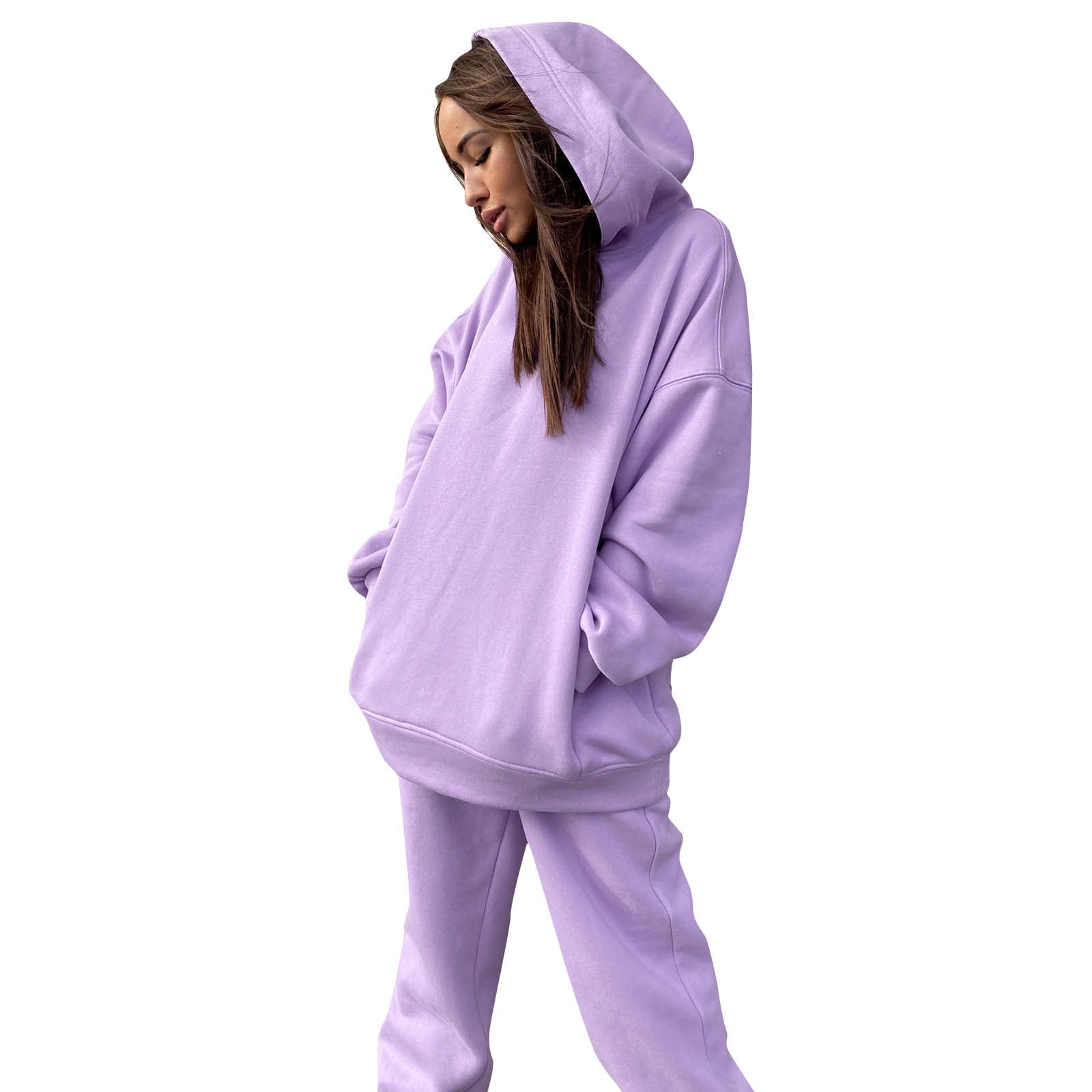 Amtdh Trendy Sweatsuits for Womens Solid Color Pocket Hoodie Jogger ...