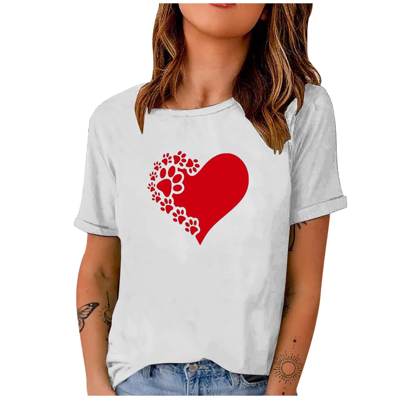 Amtdh Women's Girlfriend's T-shirts Clearance Heart Print Plus Size Casual Girl Cute Pullover ...