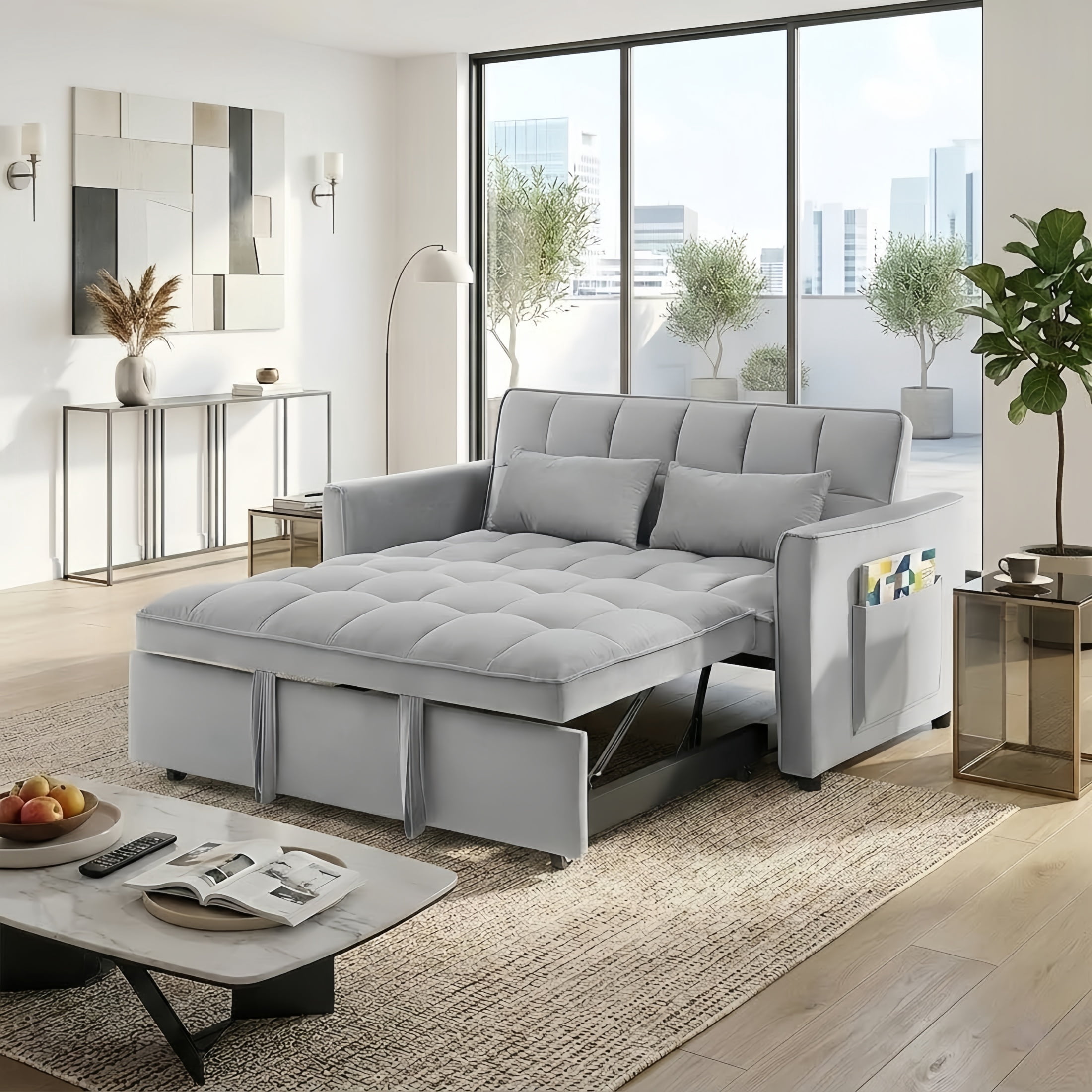 Amuille 55" Pull Out Couch, 3 in 1 Convertible Sleeper Sofa Bed, Velvet ...