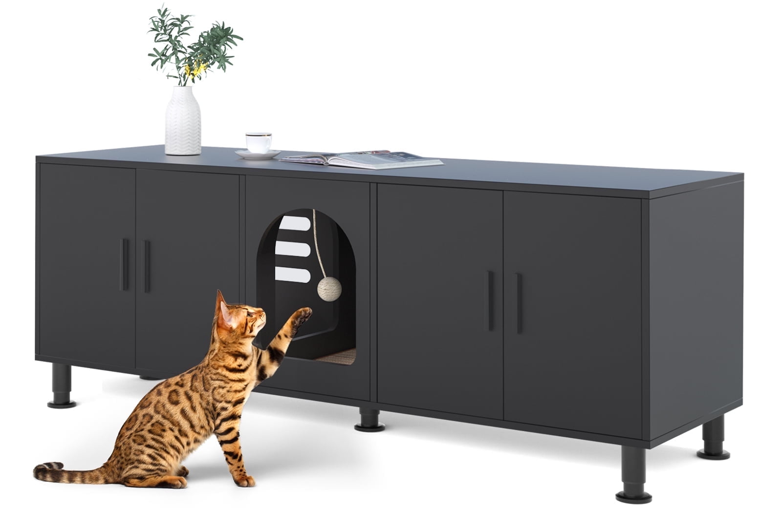 Amunrbrek Litter Box Enclosure with Legs for 2 Cats, Wooden Stackable ...