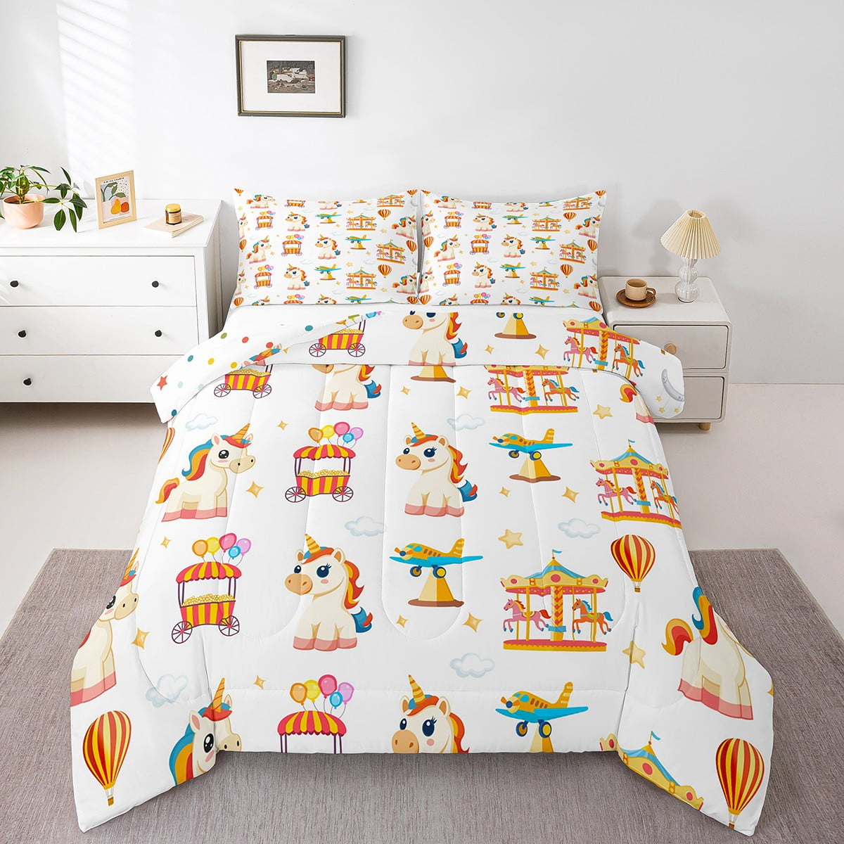 Amusement Park Comforter Set Cartoon Unicorn Balloon Bedding Set ...