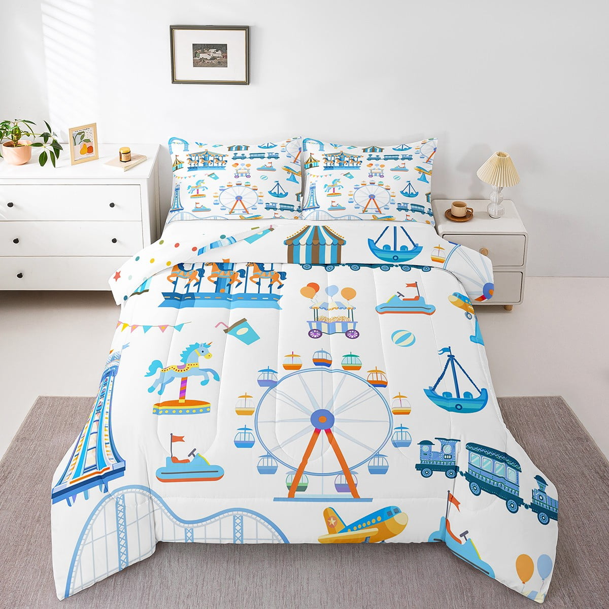 Amusement Park Comforter Set for Kids Cartoon Train Ferris Wheel ...