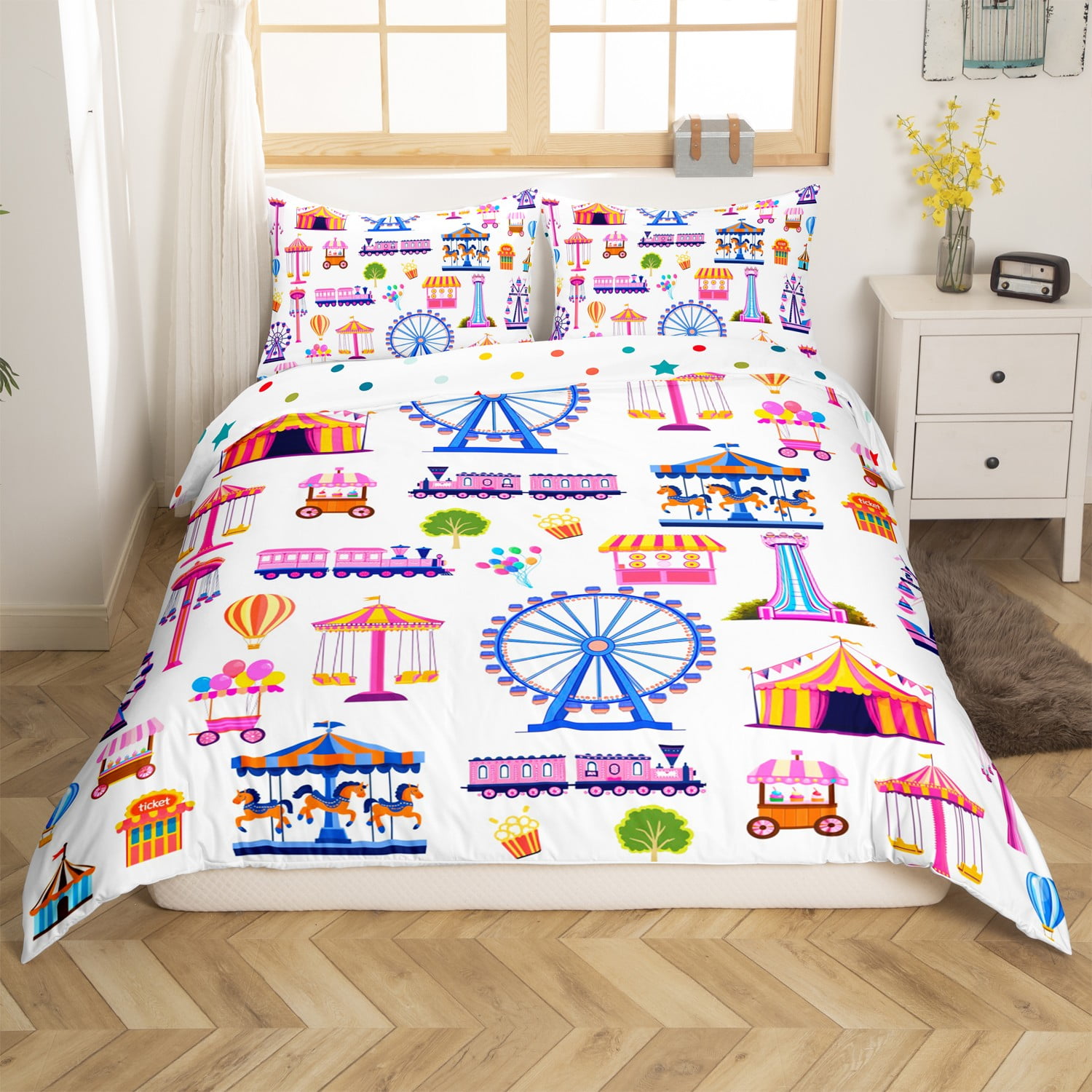 Amusement Park Cute Bedding Set Cartoon Train Ferris Wheel Comforter ...