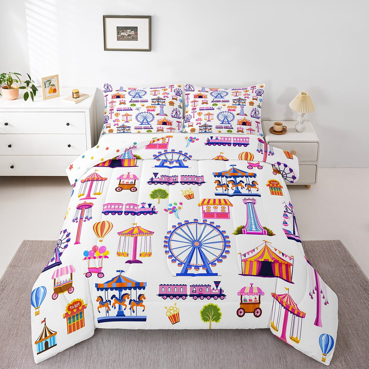 Amusement Park Cute Bedding Set Queen Size Cartoon Train Ferris Wheel ...
