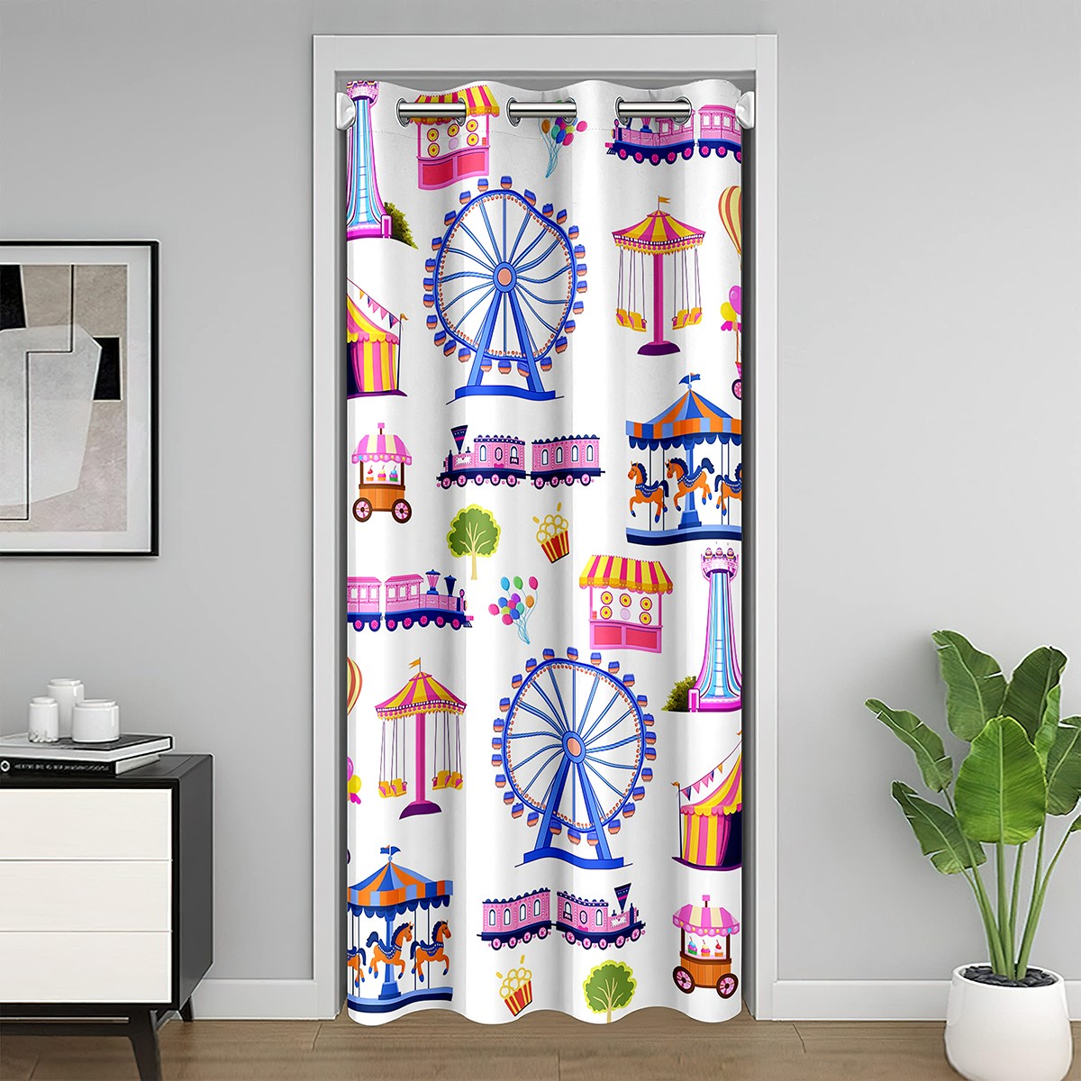 Amusement Park Cute Doorway Curtain,Cartoon Train Ferris Wheel Sliding ...