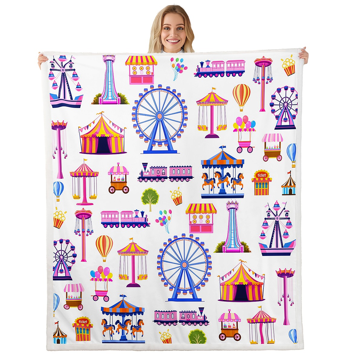 Amusement Park Cute Plush Throw Blanket,Cartoon Train Ferris Wheel ...