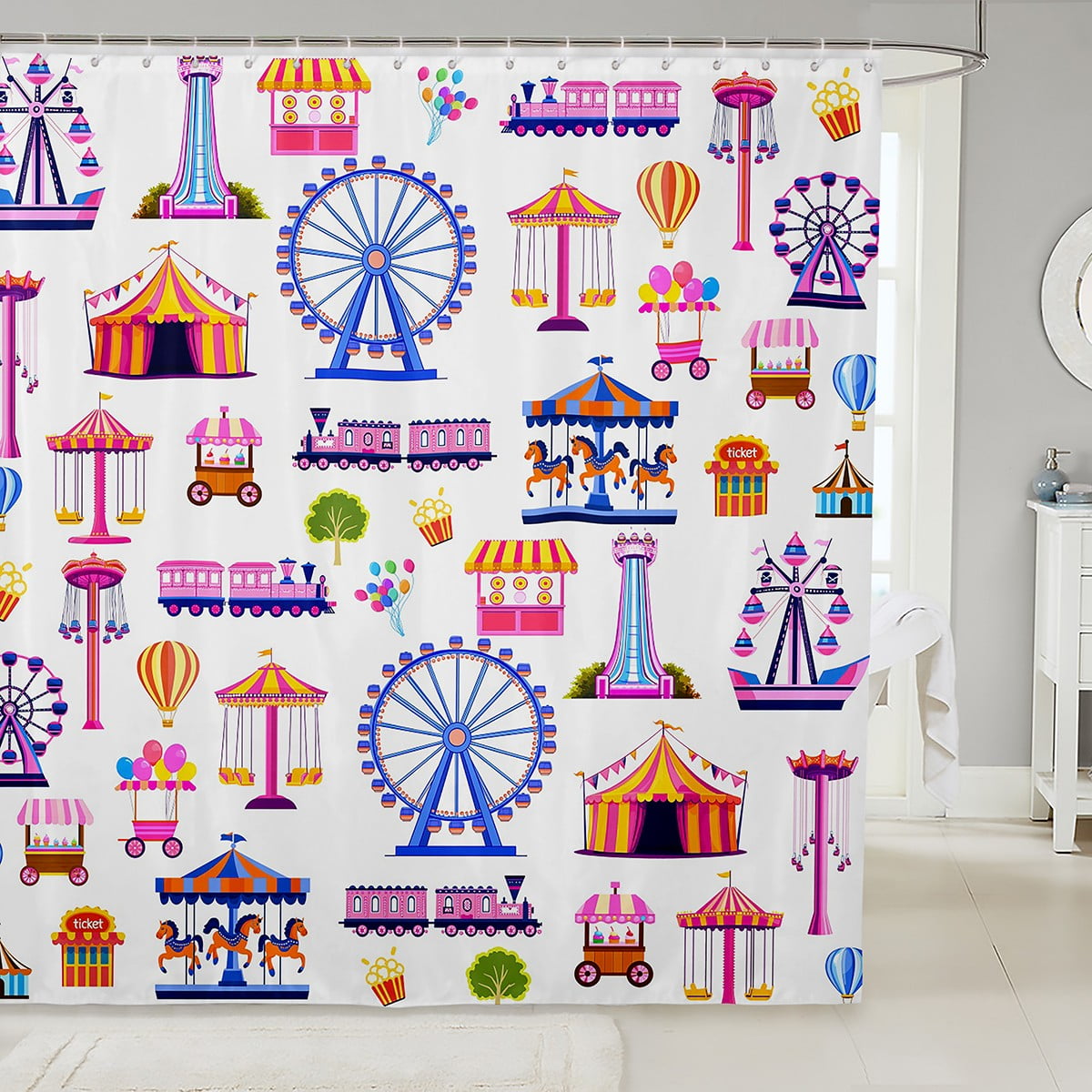 Amusement Park Cute Shower Curtain for Stalls Bathtubs Cartoon Train ...