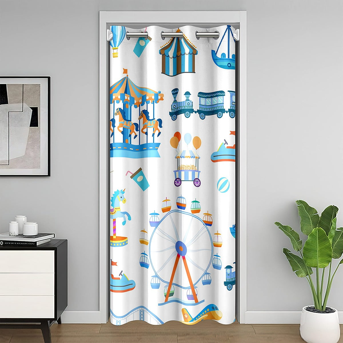 Amusement Park Door Curtain for Doorway Privacy,Cartoon Train Ferris ...
