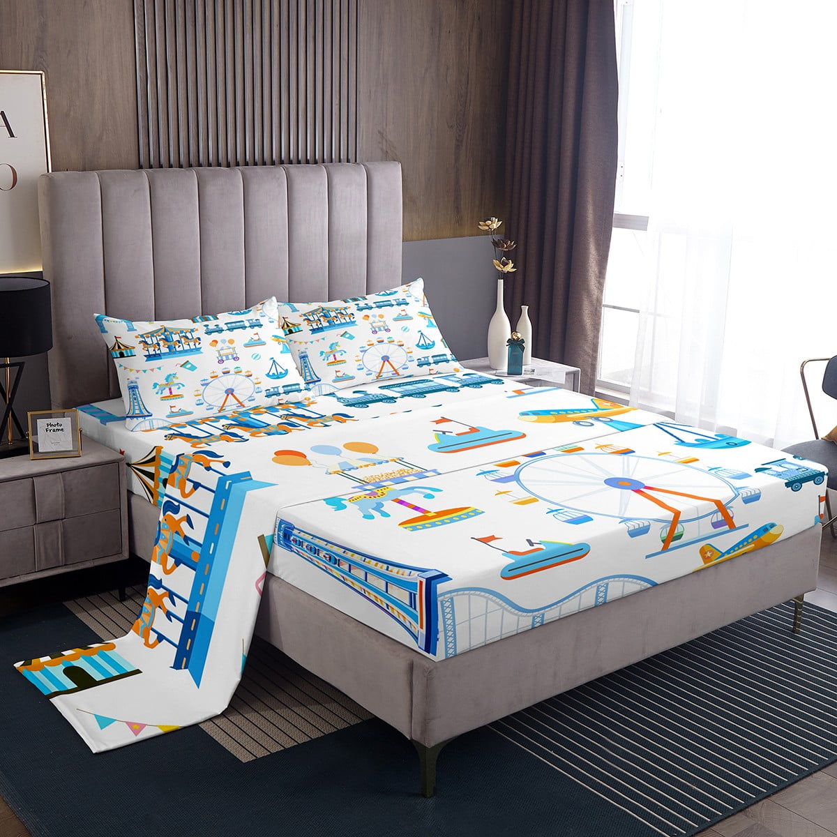 Amusement Park Sheet Set Cartoon Train Ferris Wheel Bedding Set ...