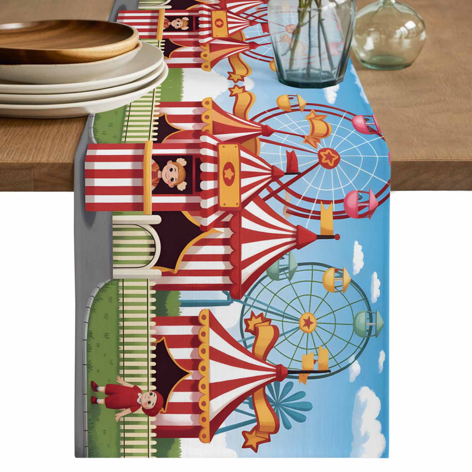 Amusement Park Table Runner 120 Inches, Cute Cartoon Wheelwheels Circus ...