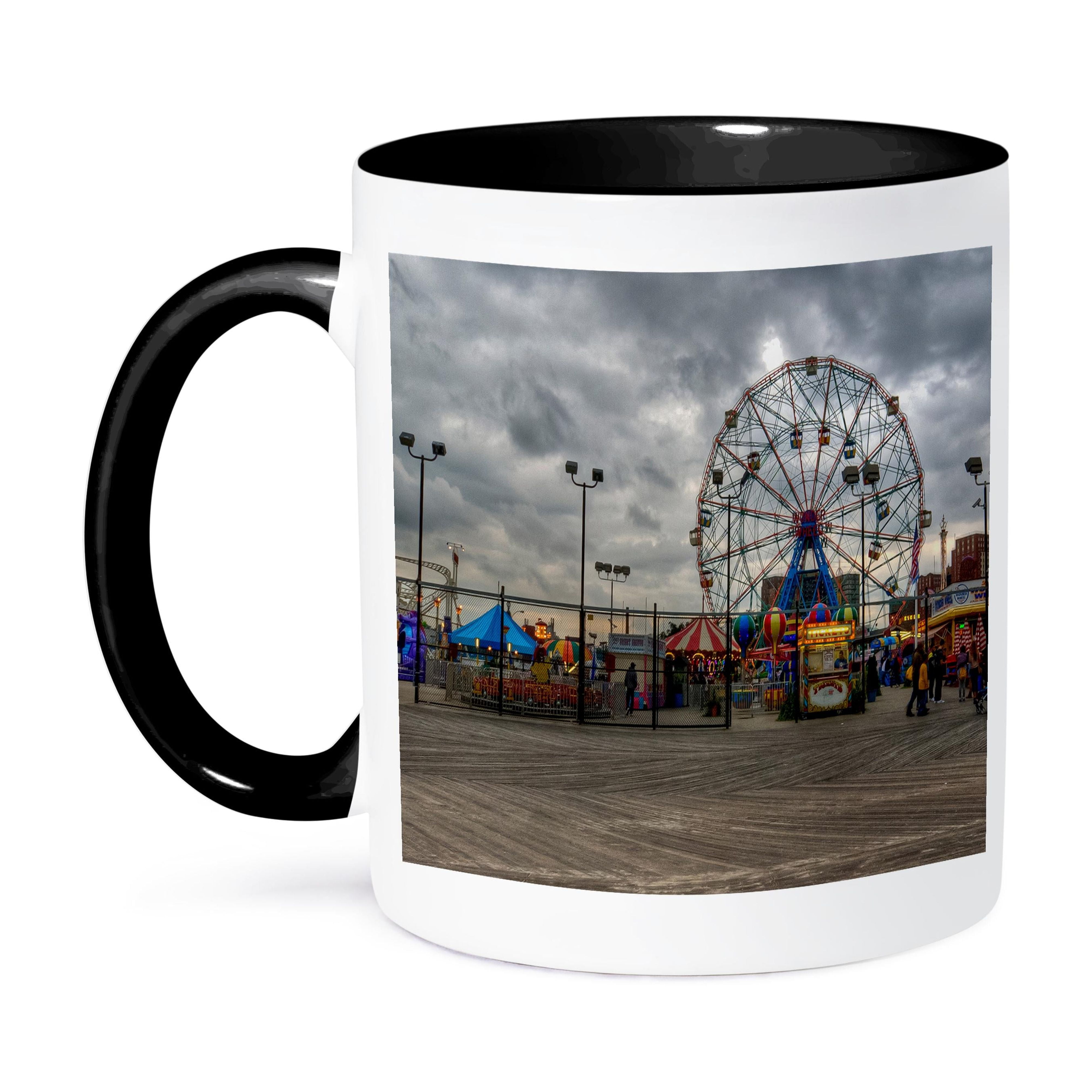 3dRose, Amusement park ferris wheel, boardwalk, 15oz Two-Tone Black Mug ...