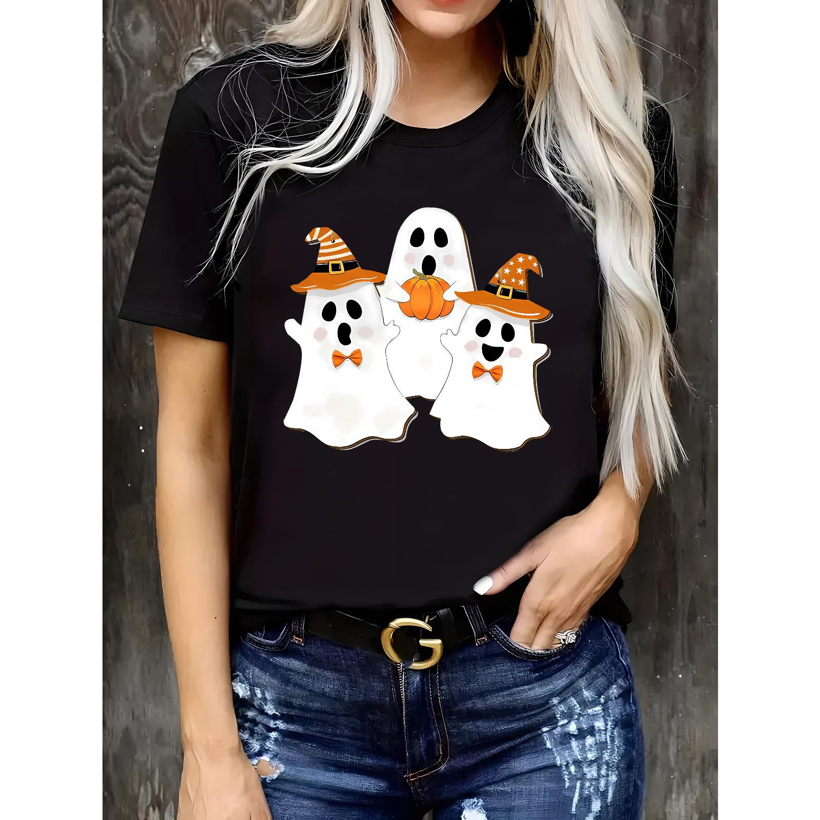 Amusing Ghost Halloween Graphic Tee, Tops Has Cute Ghosts with Witch ...