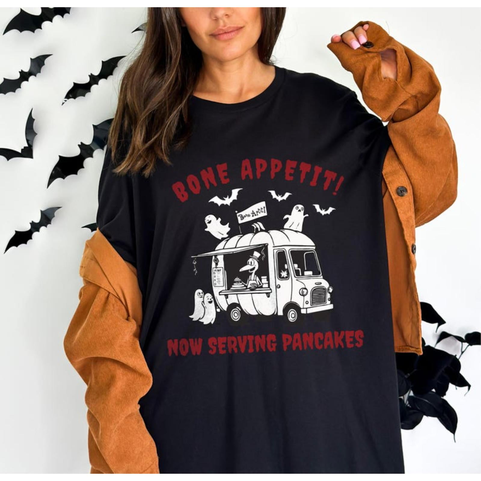 Amusing Spooky - Season Themed Patterned Tee,Tops Boasts "BONE APPETIT ...