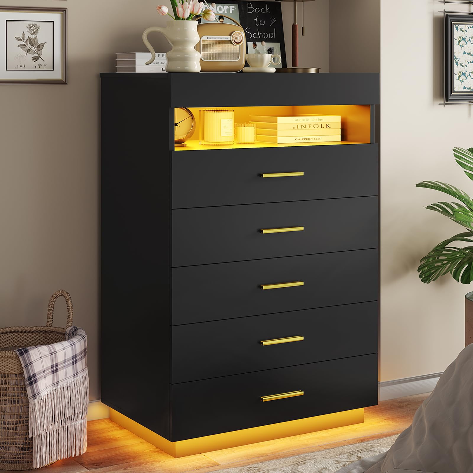 Amuzer 5 Drawer Dresser with LED Lights, Chest of Drawers for Bedroom ...