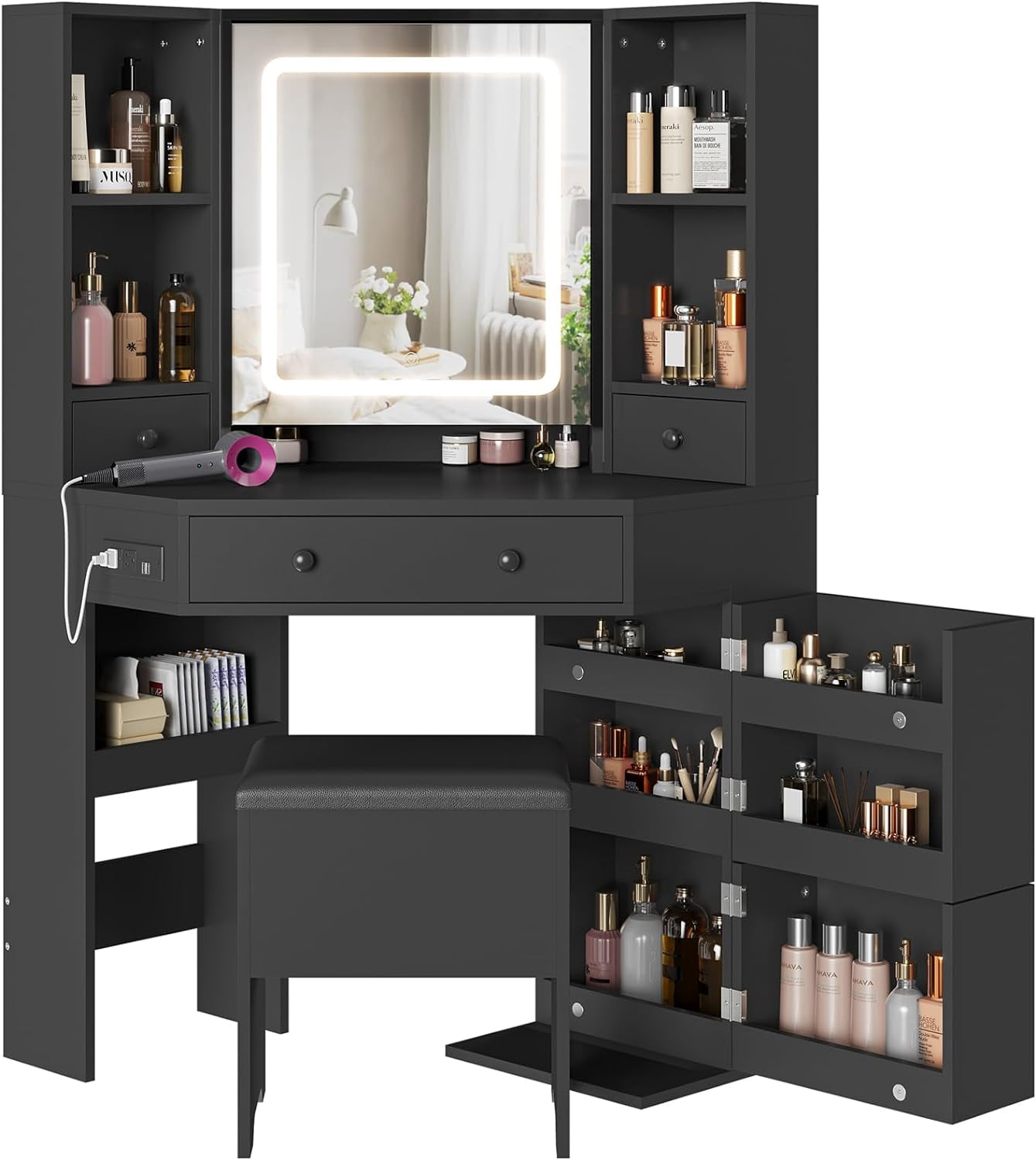 Amuzer Corner Vanity Table with Charging Station, Makeup Table Set with ...