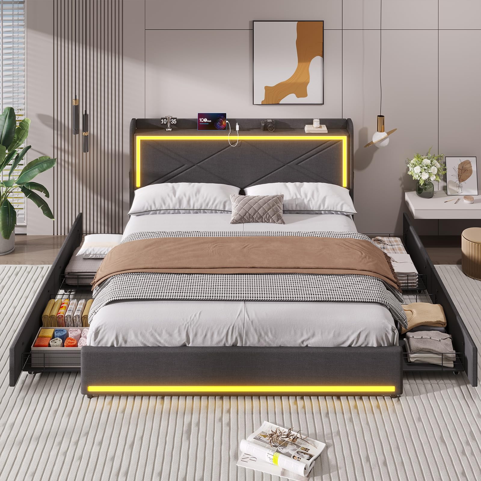 Amuzer Full Bed Frame with Drawers and USB Ports, Upholstered Platform ...
