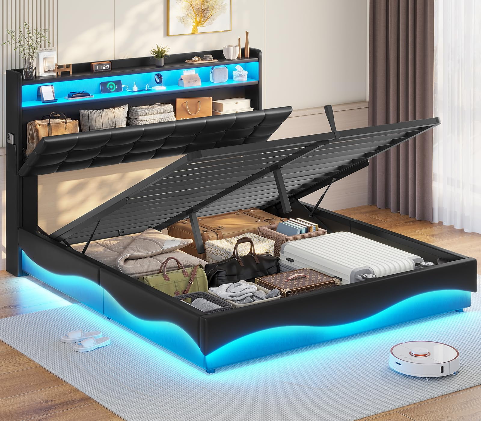 Amuzer Full Size Bed Frame with Lift Up Storage,Type-C Charging Station ...