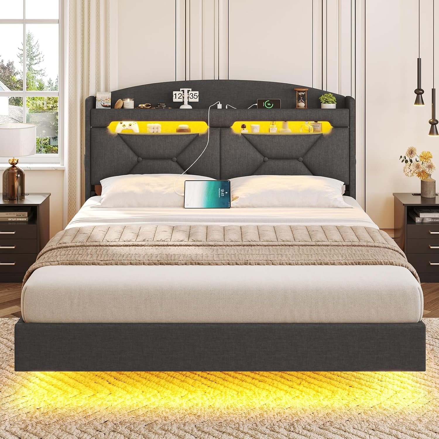 Amuzer King Floating Bed Frame with Outlets and USB Ports, Upholstered ...