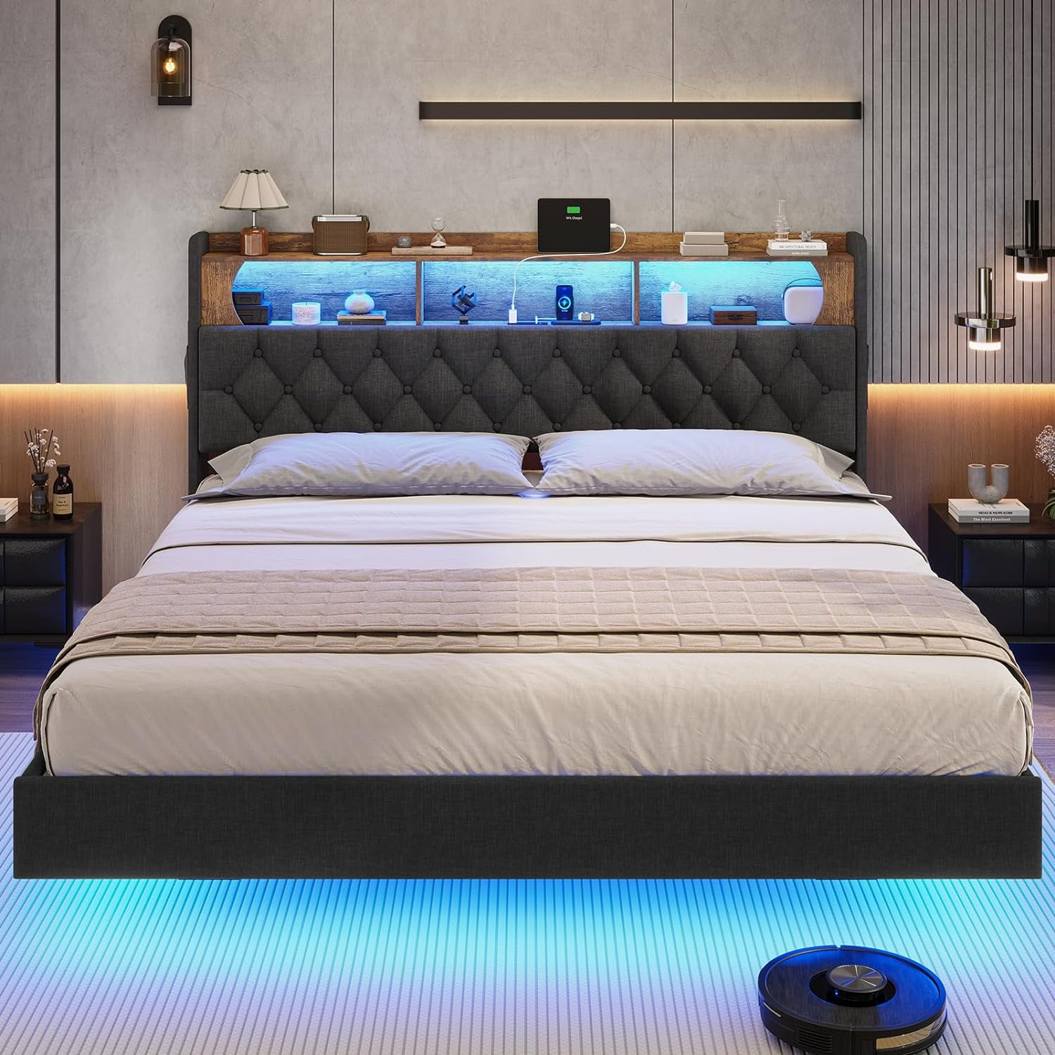 Amuzer King Size Floating Bed Frame with Charging Station and LED ...